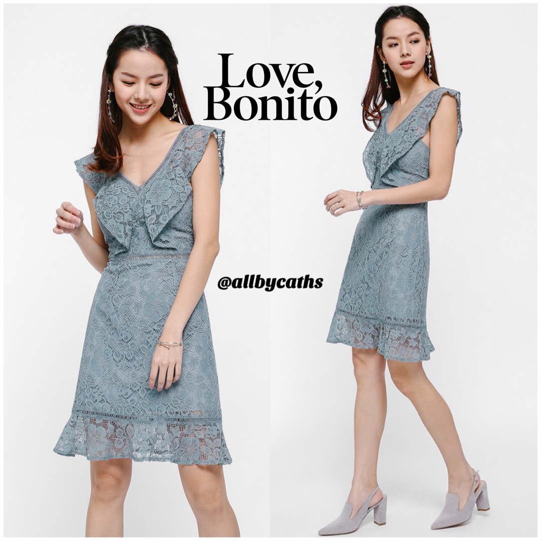 Love Bonito Lace Cascade Dress Blue Lace Ruffle V Neck A Line Mini Mermaid Dress Party Terusan ...