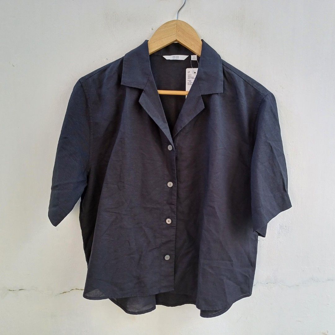 UNIQLO KEMEJA LINEN BLEND HITAM BARU ASLI ORIGINAL, Fesyen Wanita ...