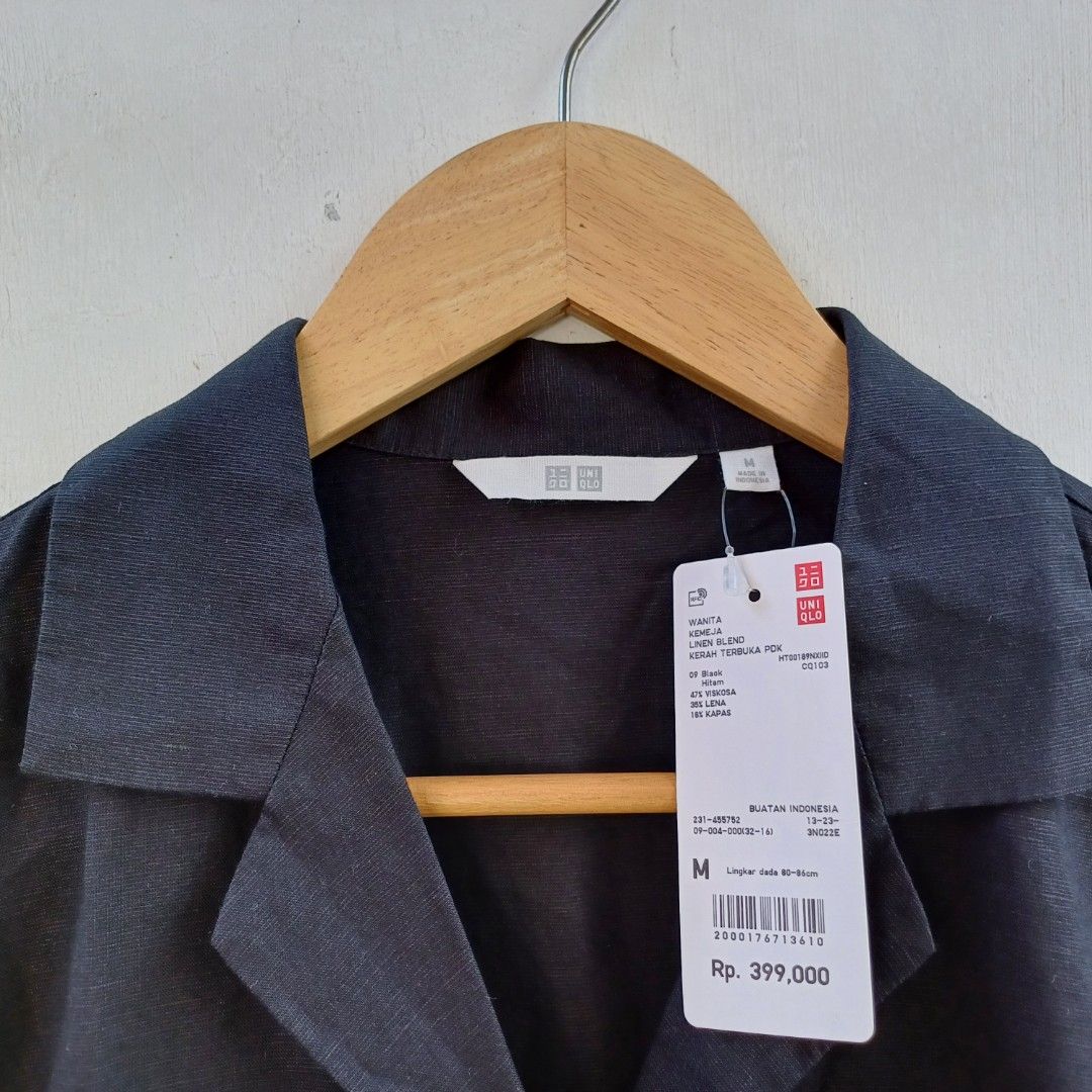 UNIQLO KEMEJA LINEN BLEND HITAM BARU ASLI ORIGINAL, Fesyen Wanita ...