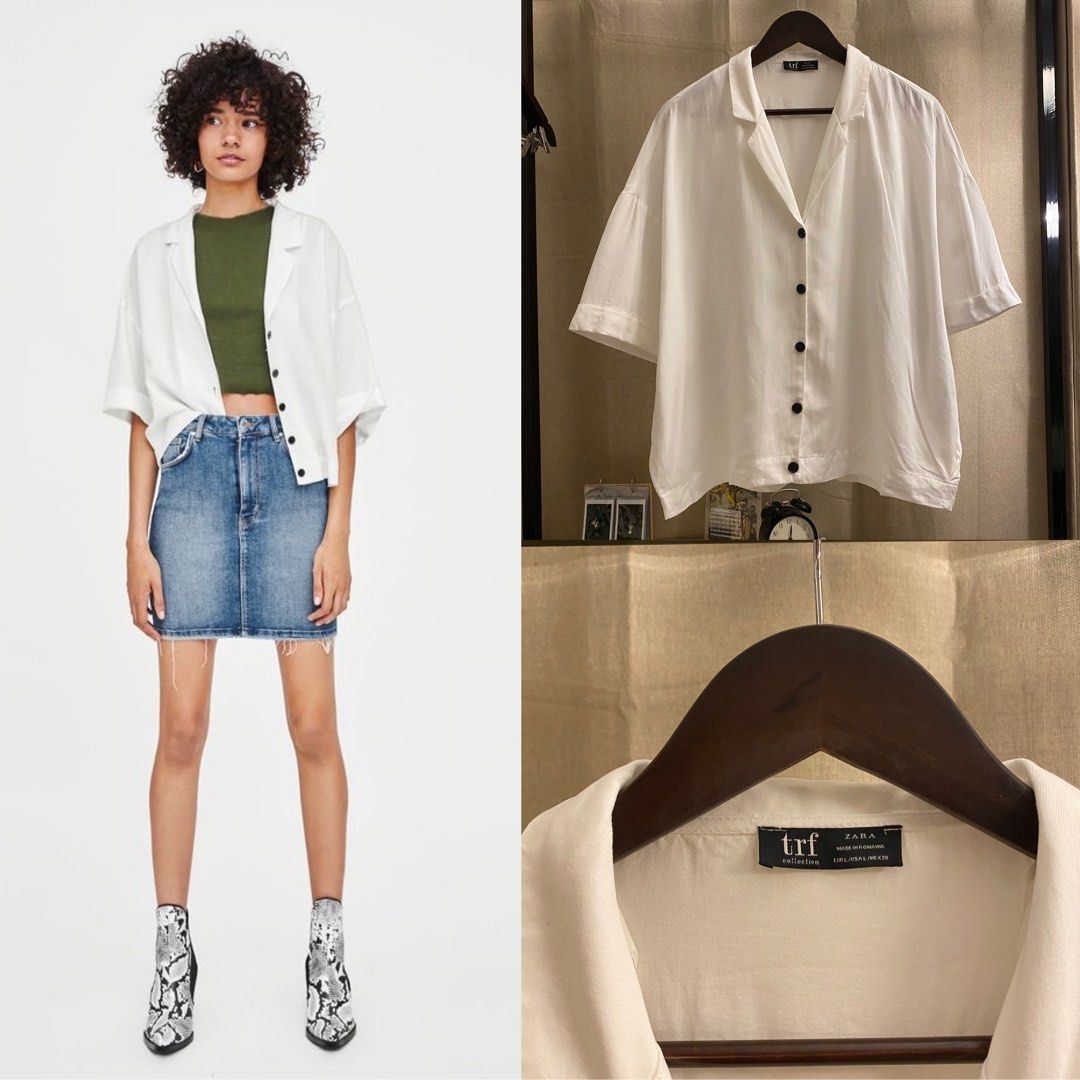 Zara boxy shirt white oversized kemeja button putih, Fesyen Wanita ...