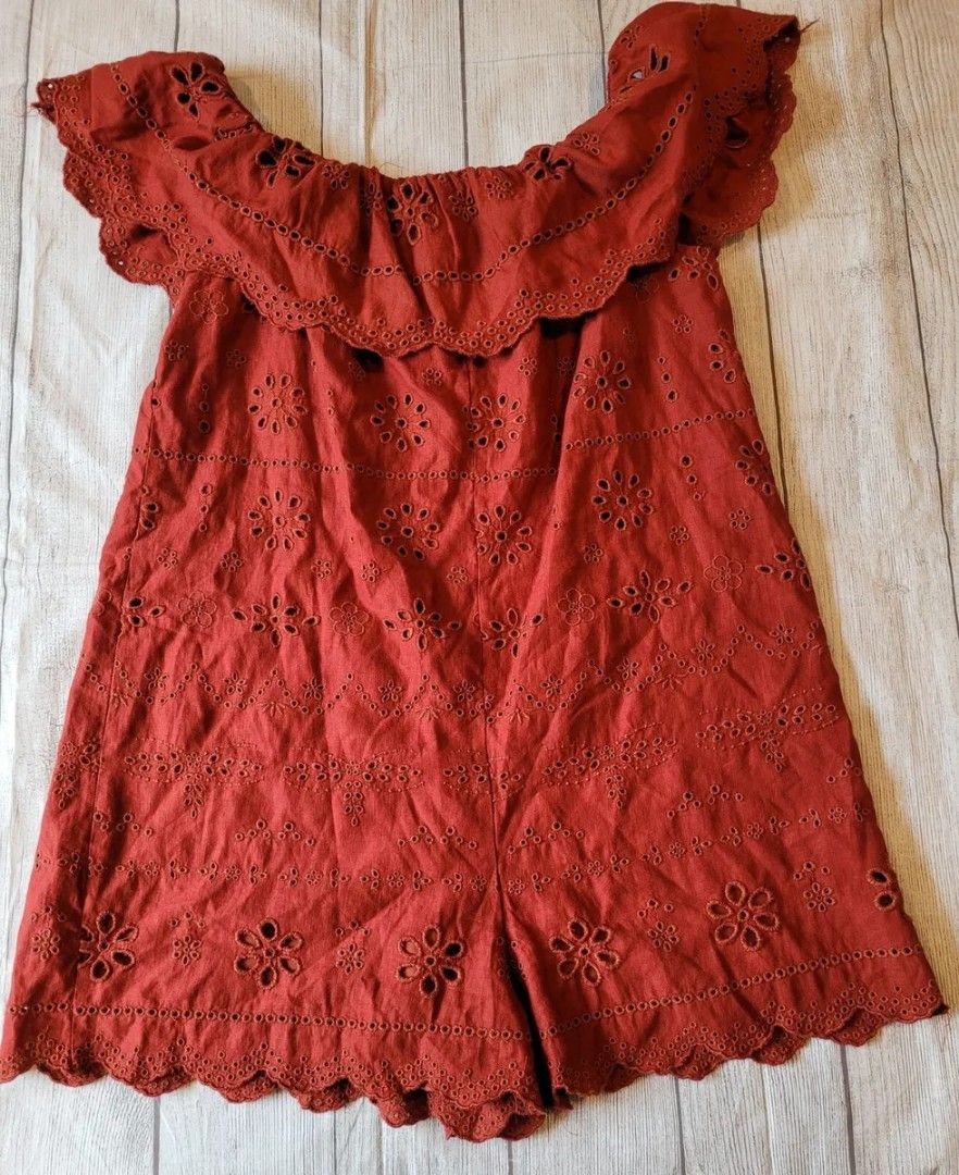 Zara Off Shoulder Burnt Orange Eyelet Romper On Carousell