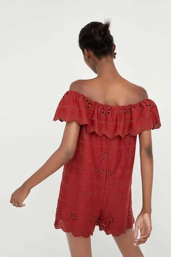 Zara Off Shoulder Burnt Orange Eyelet Romper On Carousell