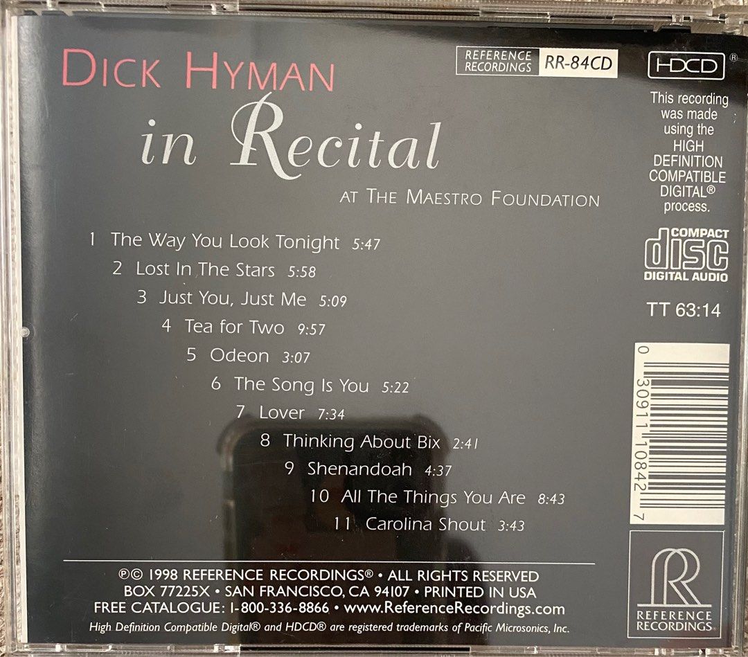 CD: jazz, piano, Audiophile - Dick Hyman In Recital (US Pressing), Reference Recordings RR-84CD ...