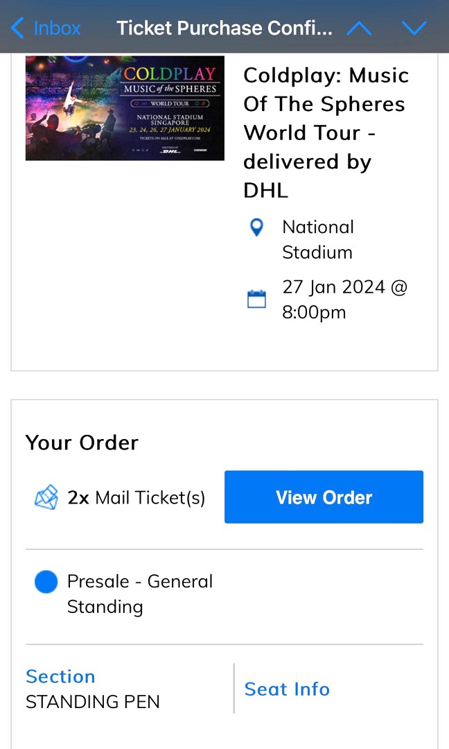 COLDPLAY SATURDAY 27 Jan Standing Pen Tickets, Tickets & Vouchers ...
