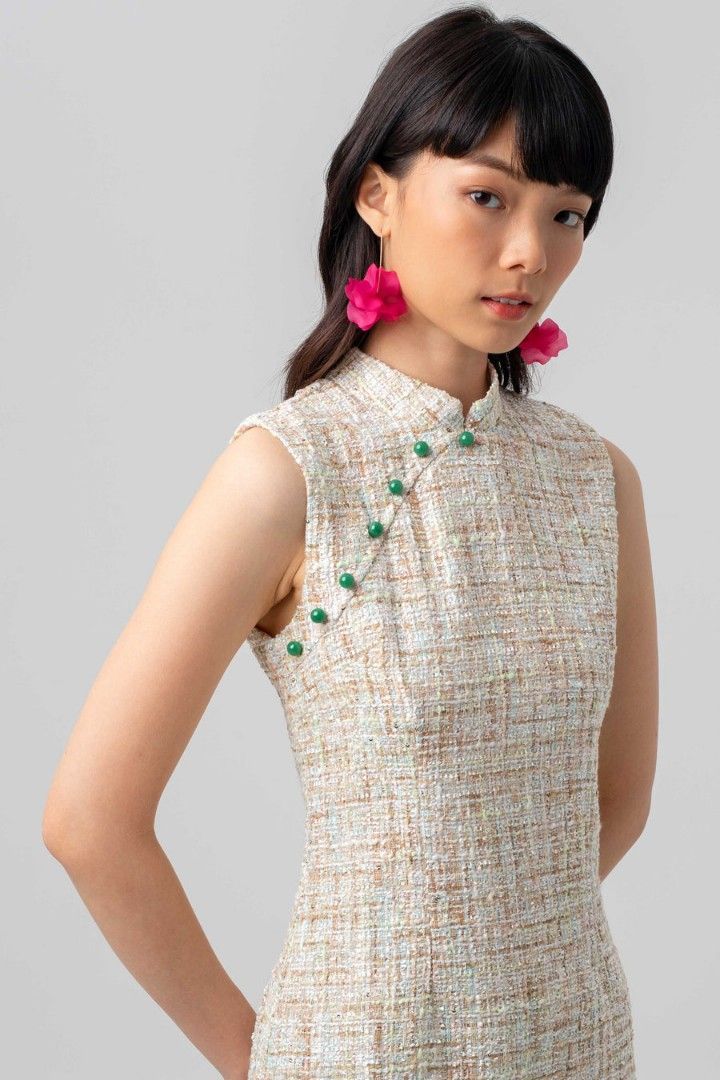 Dotted Line: Rachel Cheongsam - Green Tweed, Women's Fashion, Dresses ...