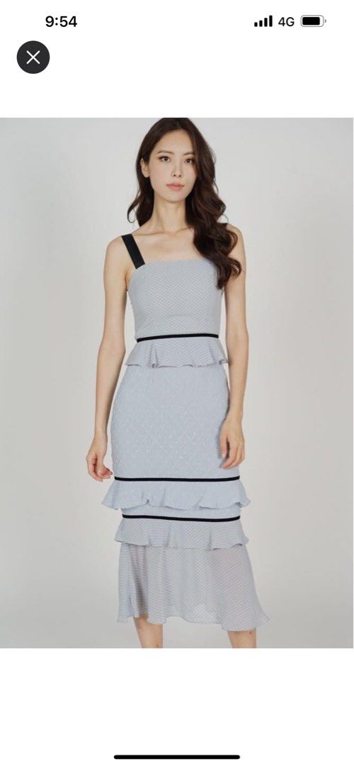 MDS Odine Ruffled Tier Layer Swiss Dot Dress in Ash Blue, Women's Fashion, Dresses & Sets ...