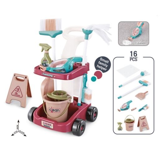 Pretend Play Cleaning Trolley Set with Broom Mop Duster Vacuum Cleaner ...