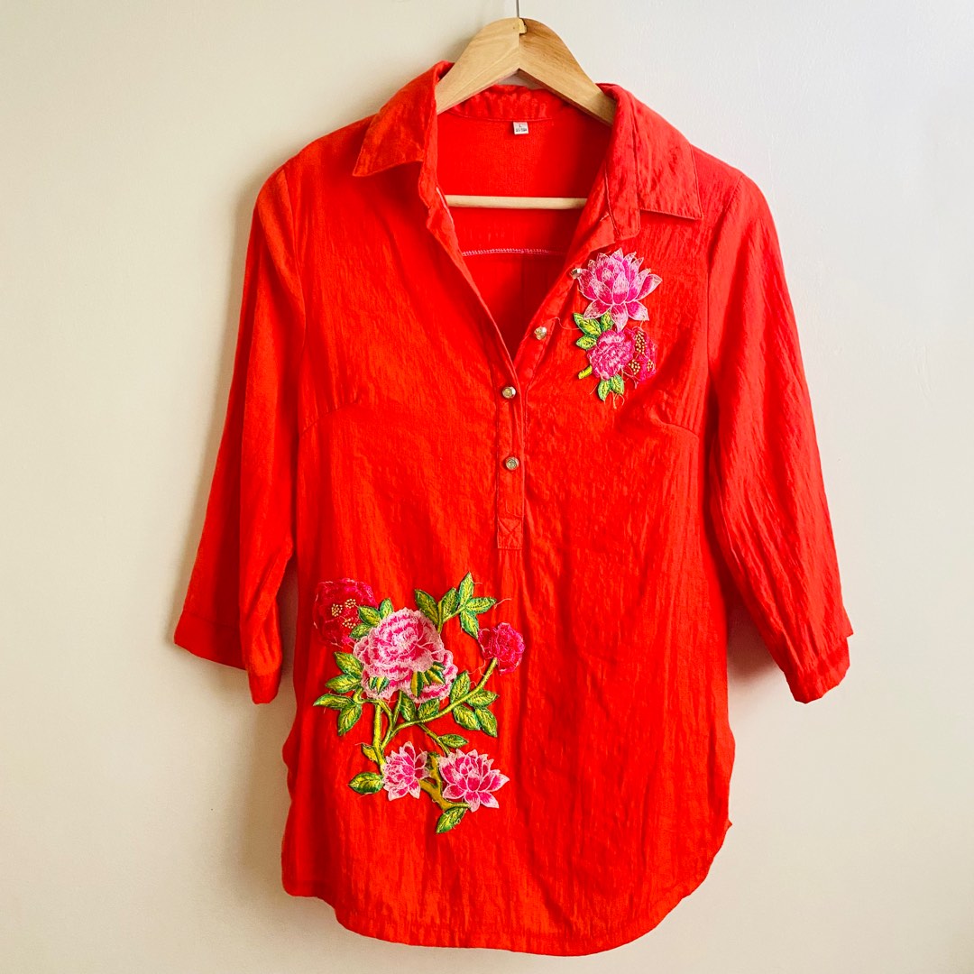 Red Floral Embroidered Top, Women's Fashion, Tops, Longsleeves on Carousell