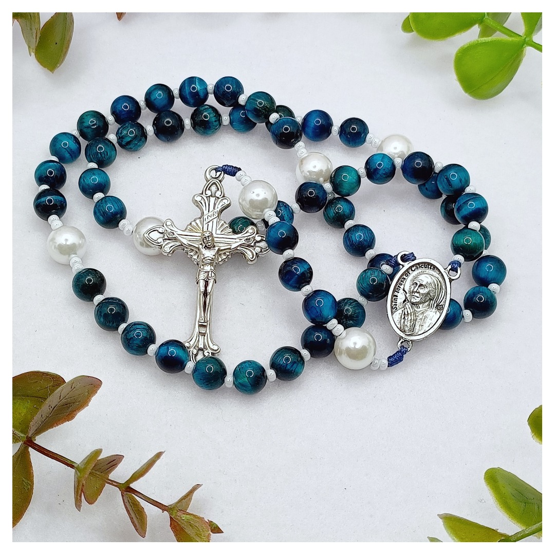 Saint Teresa of Calcutta Rosary with Blue Tiger Eye, White Pearl, St ...