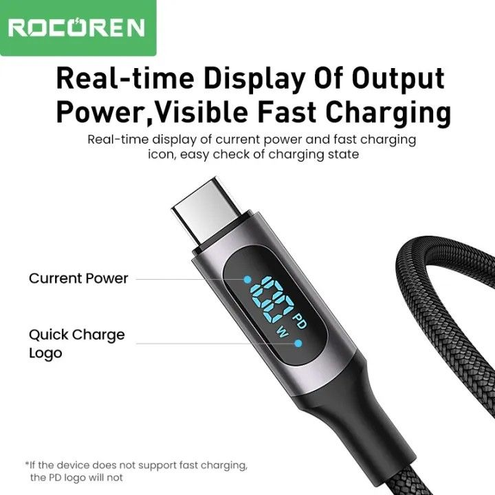 (Ready Stock) [Super Long Type C to Type C 100W] Rocoren PD 100W LED Display USB Type C Cable 5A ...