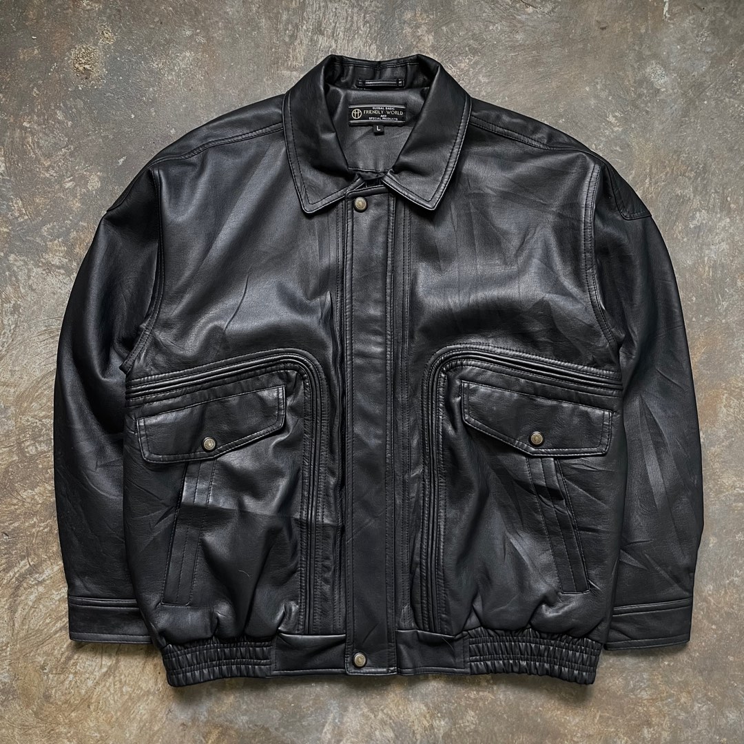 Vintage Friendly World Black Leather Jacket, Men's Fashion, Coats ...