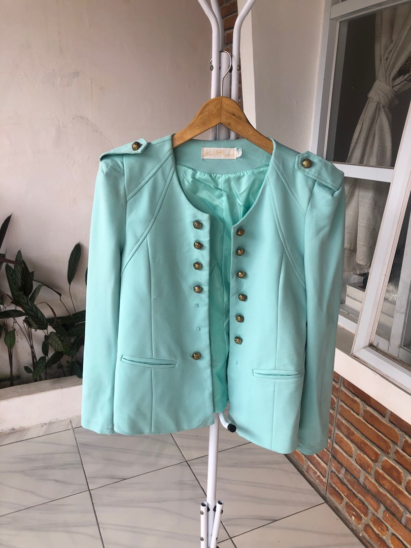 Blue Tosca Blazer, Fesyen Wanita, Pakaian Wanita, Atasan di Carousell