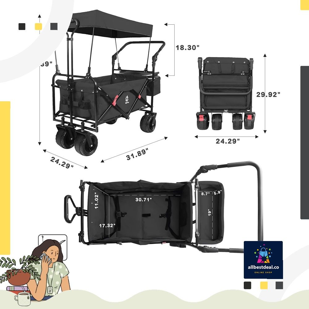 Collapsible Wagon Heavy Duty Folding Wagon Cart with Removable Canopy ...