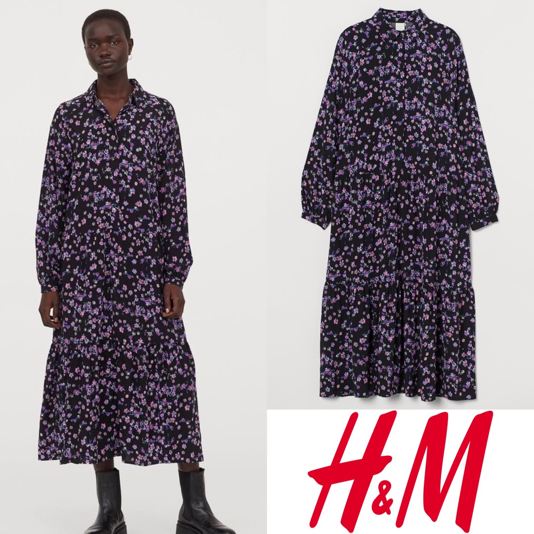 H&m Hnm black purple collared maxi long dress bukan zara, Fesyen Wanita ...