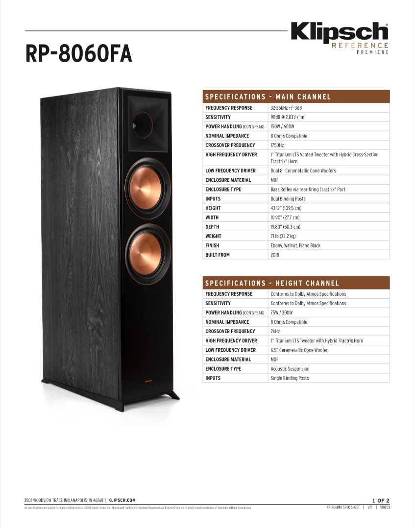 Klipsch RP-8060FA Dolby Atmos Floor Standing Speakers for sale on Carousell