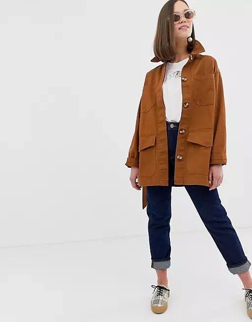 MONKI Denim Oversized Belted Jacket, Women's Fashion, Coats, Jackets ...