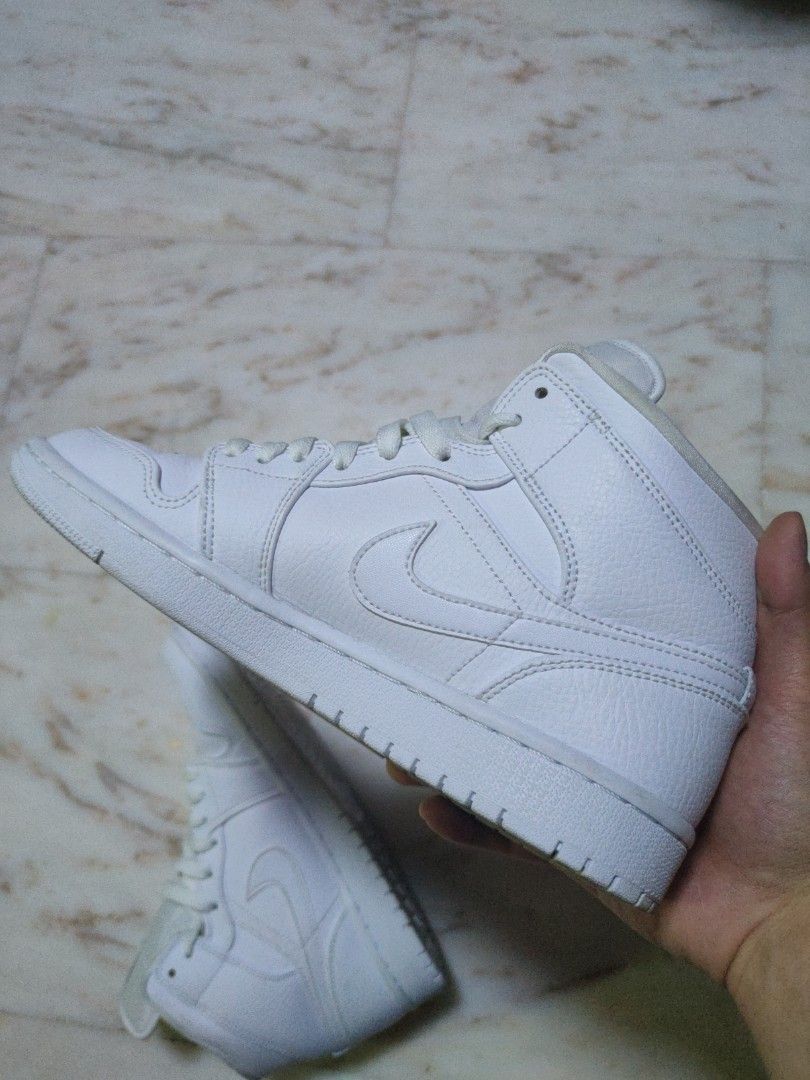 Nike Air Jordan 1 triple white Mid (Authentic), Men's Fashion, Footwear ...