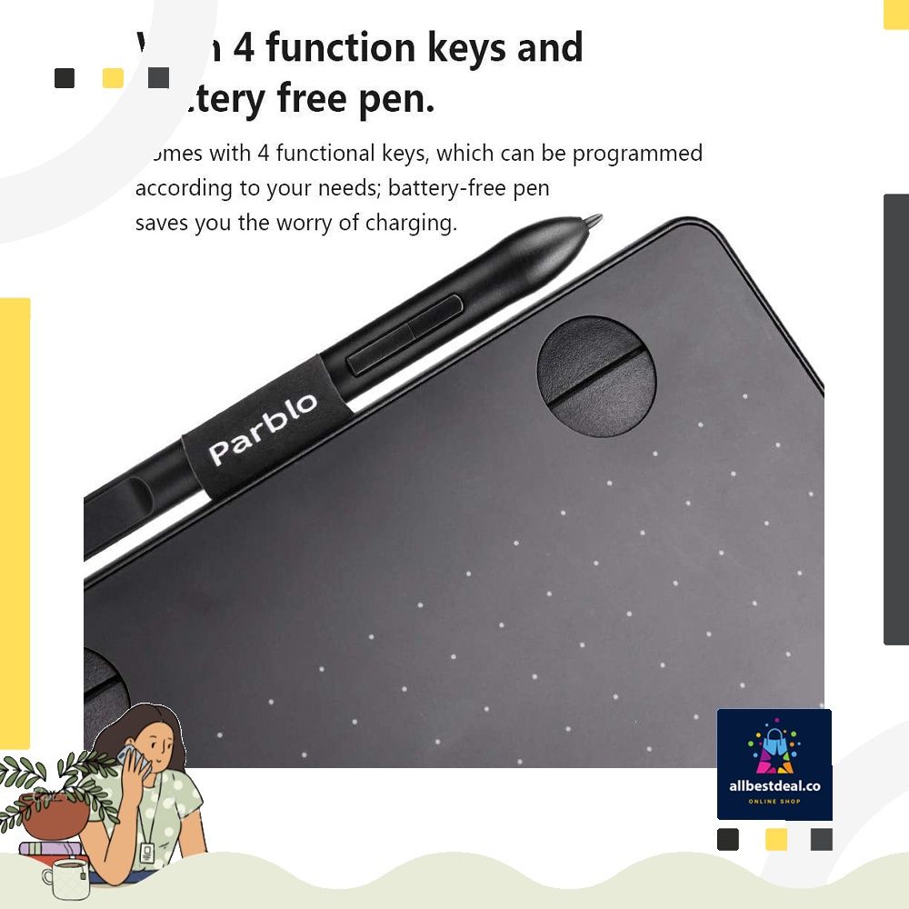 Parblo A640 Drawing Tablet with 8192 Levels Battery-Free Stylus Pen ...