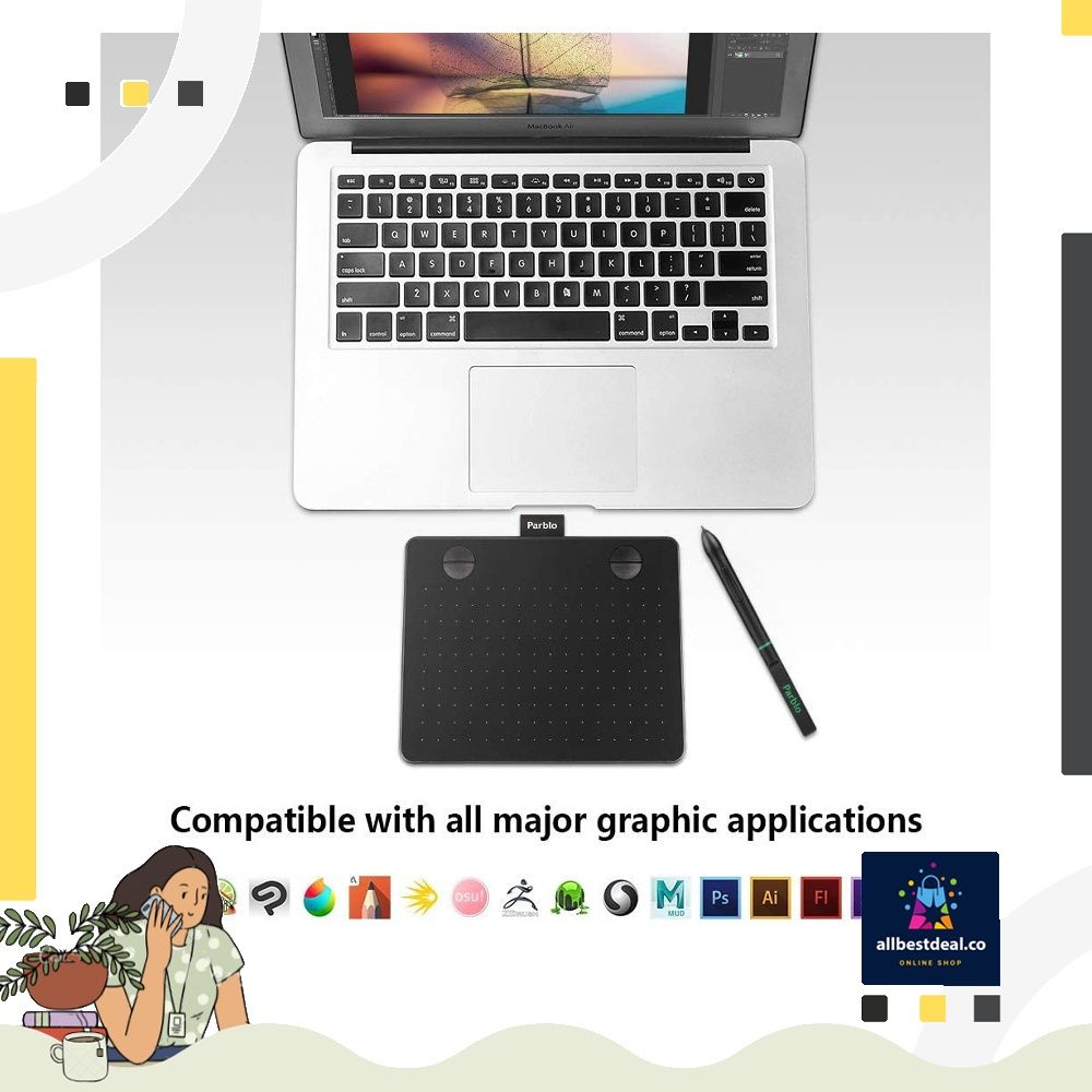 Parblo A640 Drawing Tablet with 8192 Levels Battery-Free Stylus Pen ...
