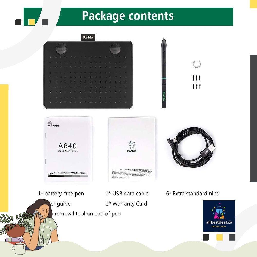 Parblo A640 Drawing Tablet with 8192 Levels Battery-Free Stylus Pen ...