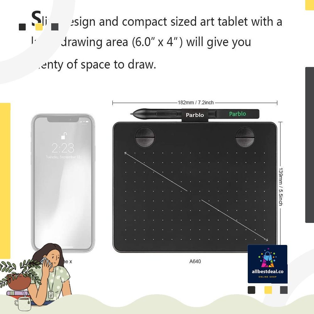 Parblo A640 Drawing Tablet with 8192 Levels Battery-Free Stylus Pen ...