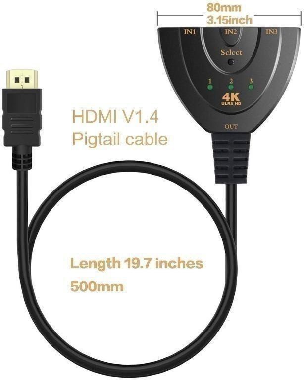 SJ237 4K 3 Port HDMI Switcher 4K*2K with High Speed Pigtail HDMI Cable ...