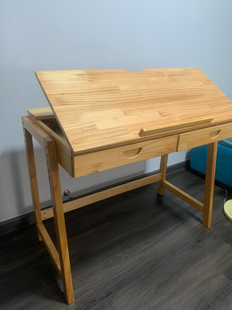 Solid wood study desk ( height adjust 65-78cm ), slant-able for reading ...