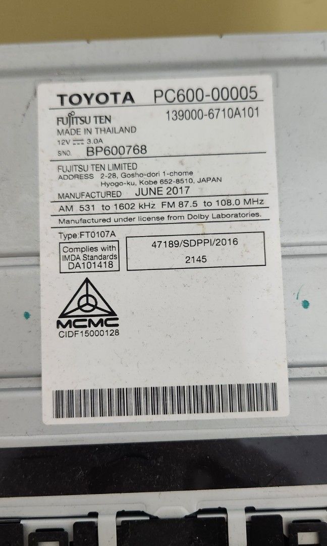 Toyota Sienta Original Head unit / Player, TV & Home Appliances, TV ...