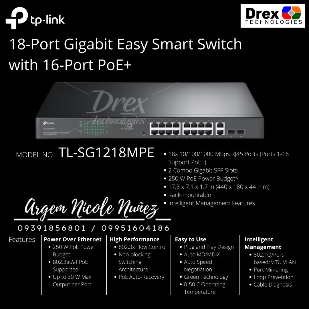TP-LINK TL-SG1218MPE 18-Port Gigabit Easy Smart Switch with 16-Port PoE+, Computers & Tech ...