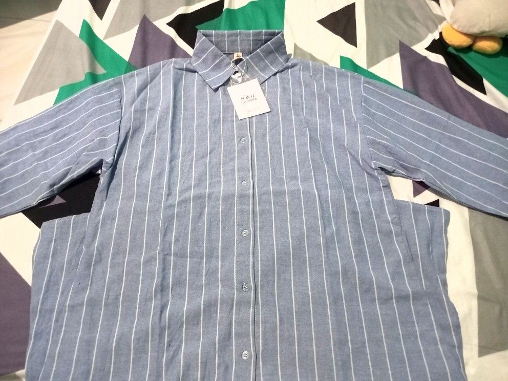 Women stripe turn collar single breasted loose full sleeve long shirt ...