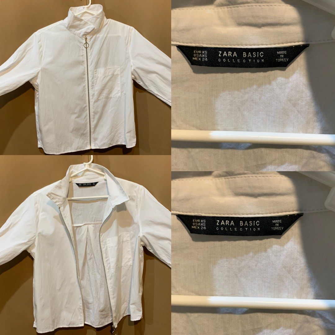 zara basic collection white zip-up longsleeve blouse / top on Carousell