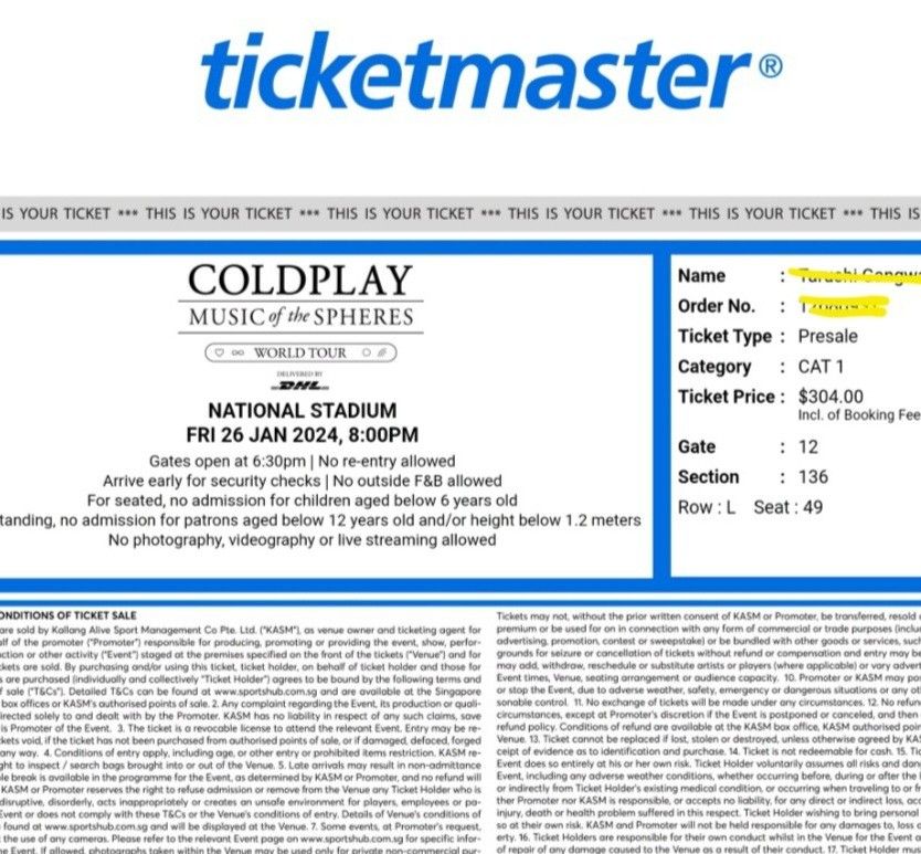 Coldplay CAT 1 ticket on 26 Jan 2024, Tickets & Vouchers, Event Tickets ...