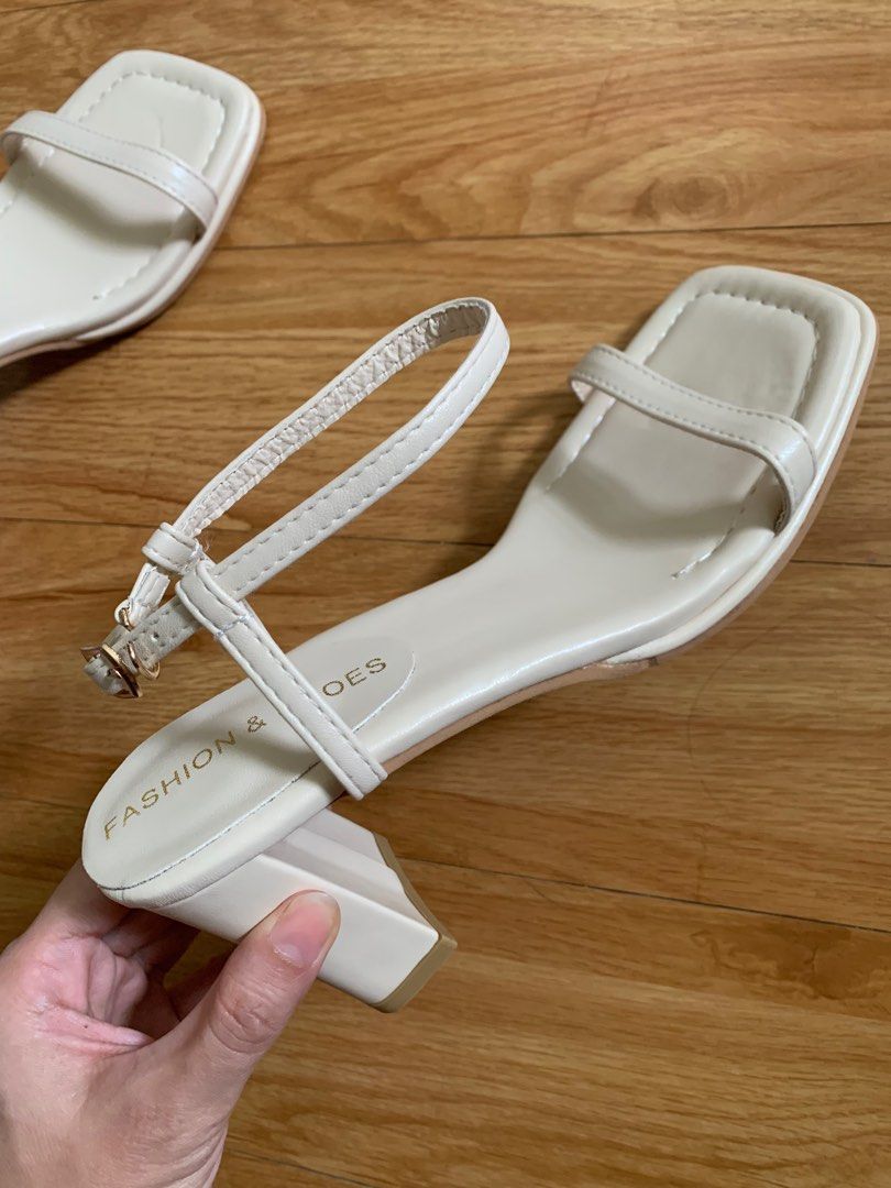 Cream strappy block high heels off white sandals, Women's Fashion ...