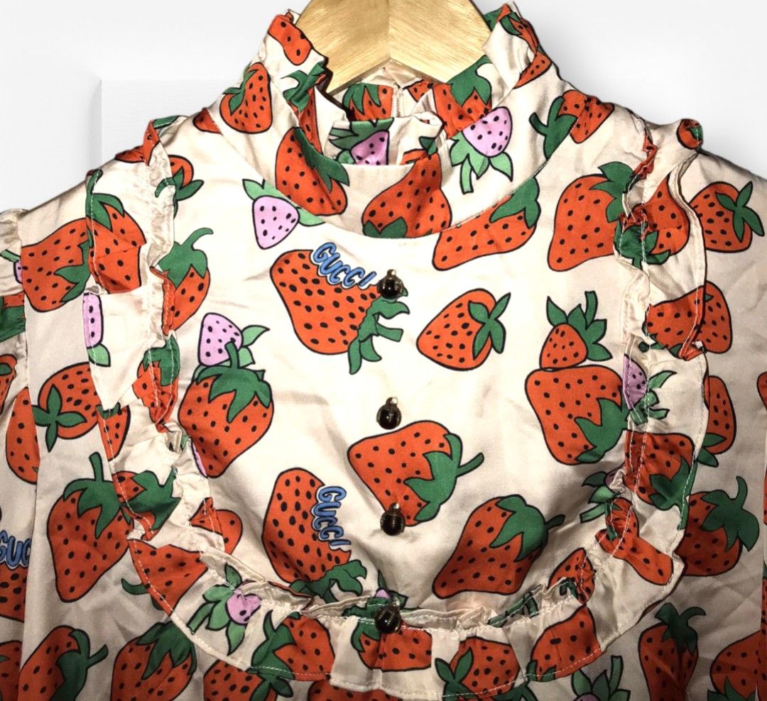 GUCCI STRAWBERRY PRINT SILK BLOUSE/MINI DRESS, Luxury, Apparel on Carousell
