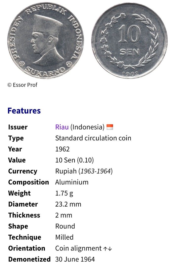 INDONESIA RARE 1962 RIAU ARCHIPELAGO AND IRIAN JAYA BARAT PRESIDENT SUKARNO COIN SET., Hobbies ...