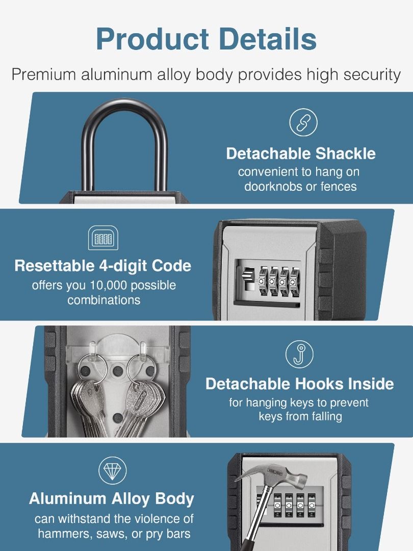 Key Storage Box with Key Hook/Wall Mounted 4 Digit Combination Padlock ...