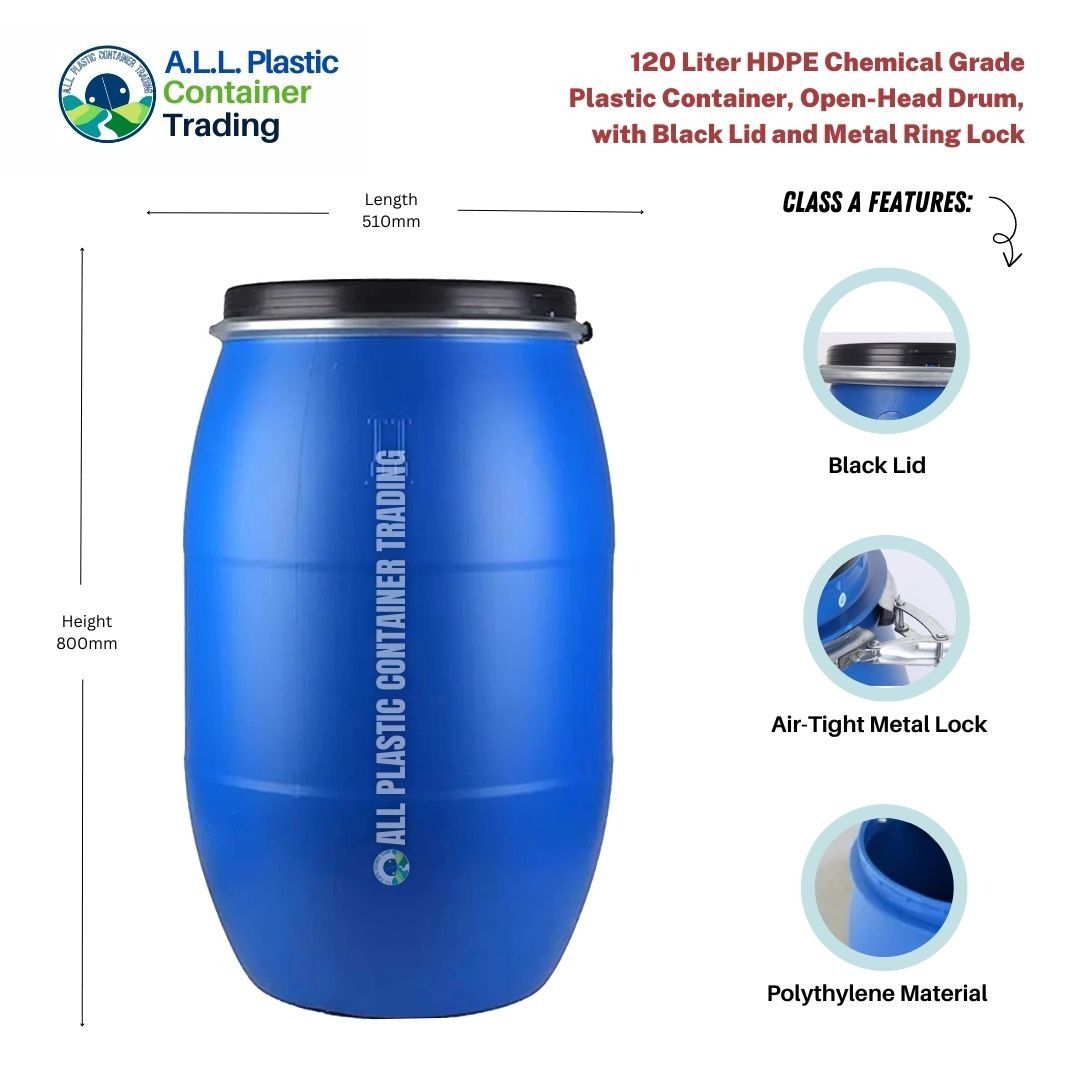 120 Liter Heavy Duty Plastic Container Drum (Chemical Grade) Open Top Barrel with Cover and Lock ...