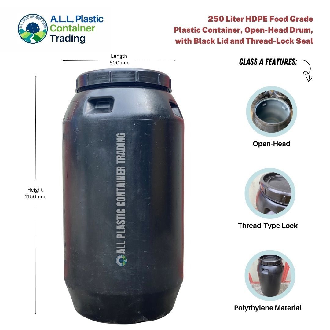 250 Liter Heavy Duty Plastic Container Drum (Food Grade) Open Top with ...