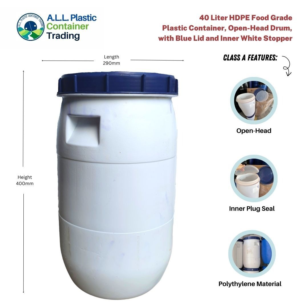 40 Liter Heavy Duty Plastic Container Drum (Food Grade) Open Top Barrel ...