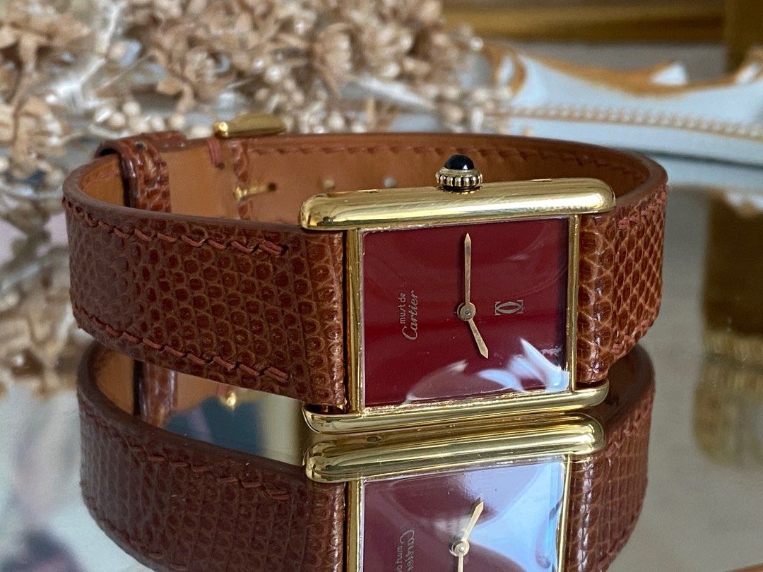 Cartier Tank Red Dial Hand Manual Winding Wrist Watch Gold Plated ...