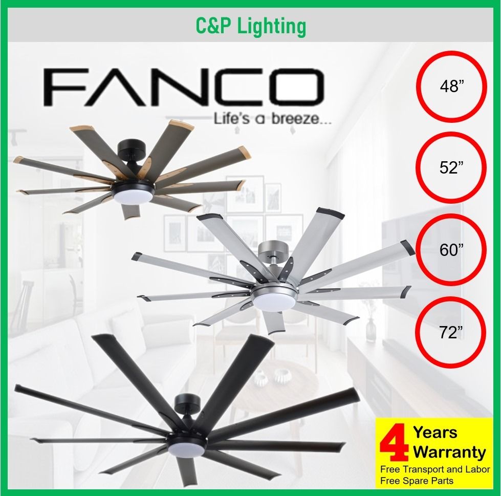 Fanco E-Lite 48" / 52" / 60" / 72" 9 Blades Ceiling Fan With LED Light ...