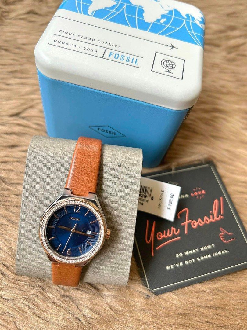 Fossil BQ3803 Eevie Three-Hand Date Brown Leather Watch, Women's ...