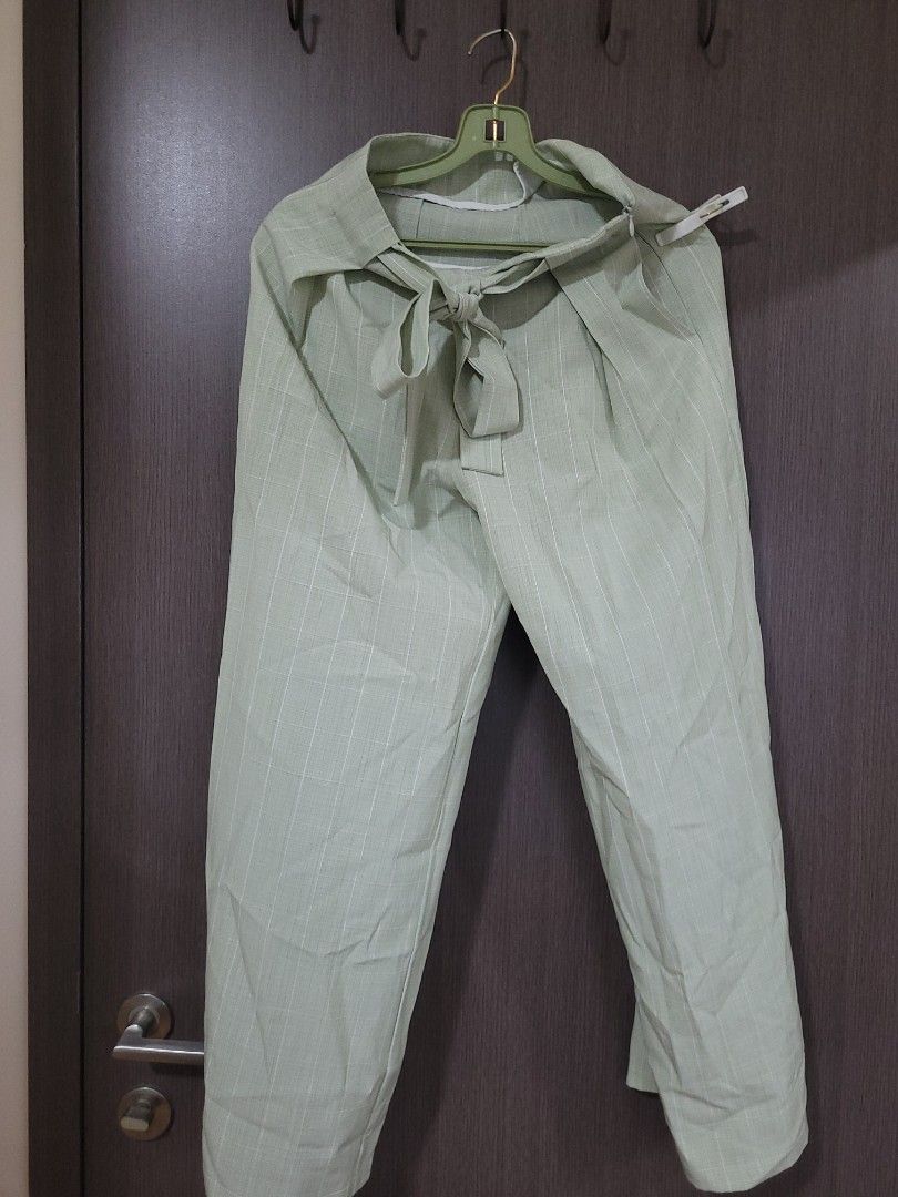 Green pants with ribbon knot, Women's Fashion, Bottoms, Other Bottoms ...