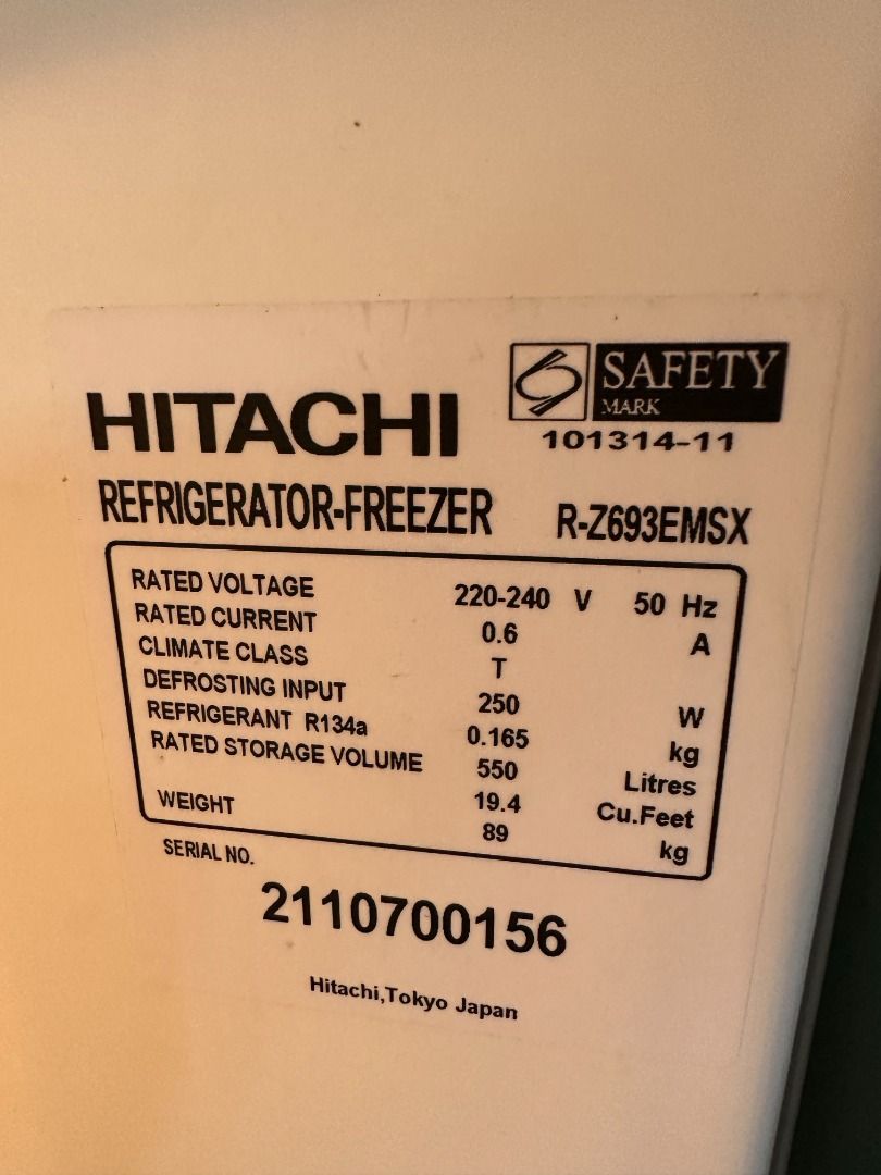 Hitachi 550L 2-Door Fridge R-Z693EMSX (93385), TV & Home Appliances ...