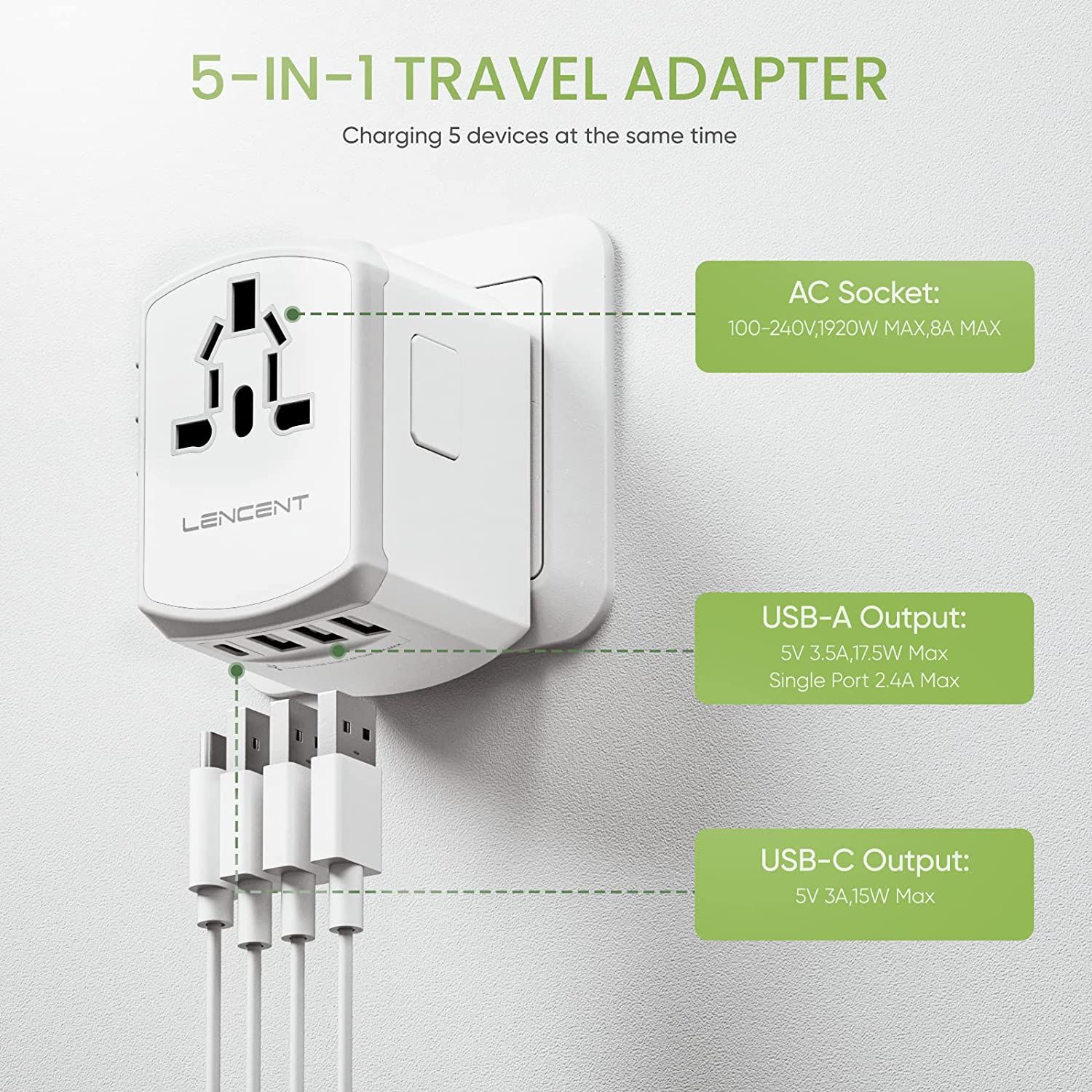 LENCENT Universal Travel Adapter, International Charger with 3 USB ...