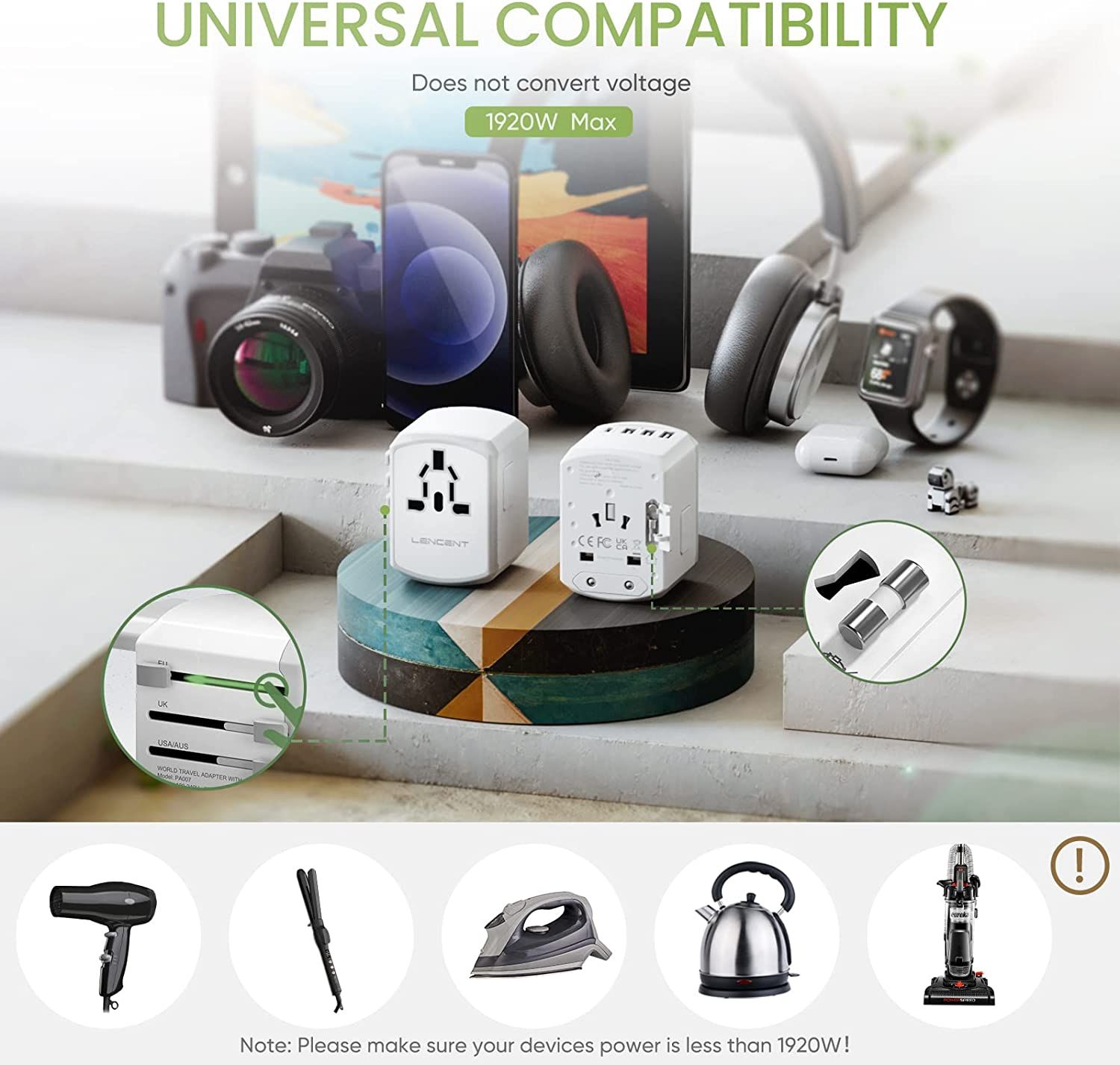 LENCENT Universal Travel Adapter, International Charger with 3 USB ...