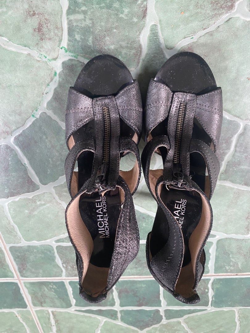 Metallic gray open toe high heels on Carousell