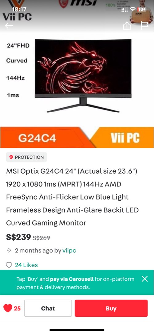 MSI 144hz gaming Monitor G24C4, Computers & Tech, Parts & Accessories ...