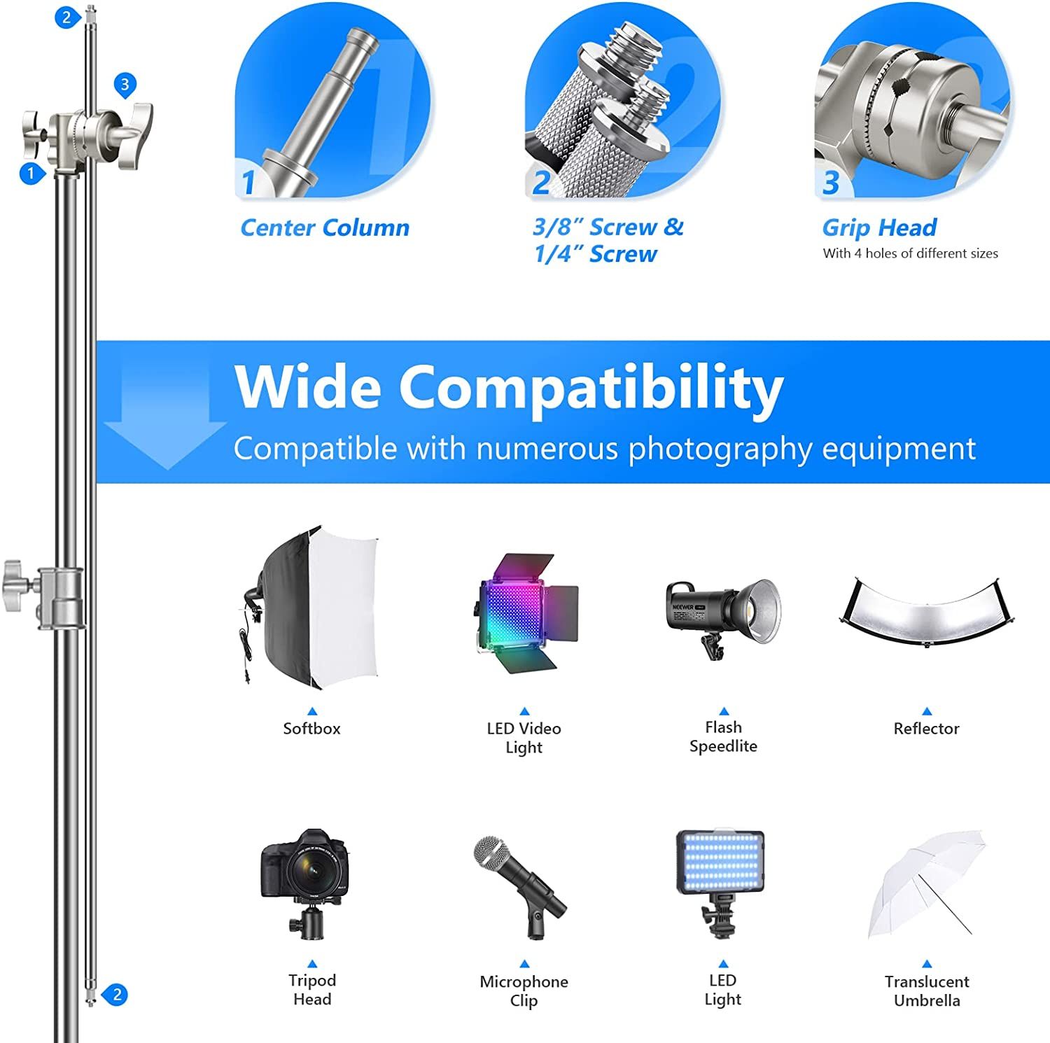 NEEWER Pro 100% Stainless Steel Heavy Duty C Stand with Boom Arm, Max ...