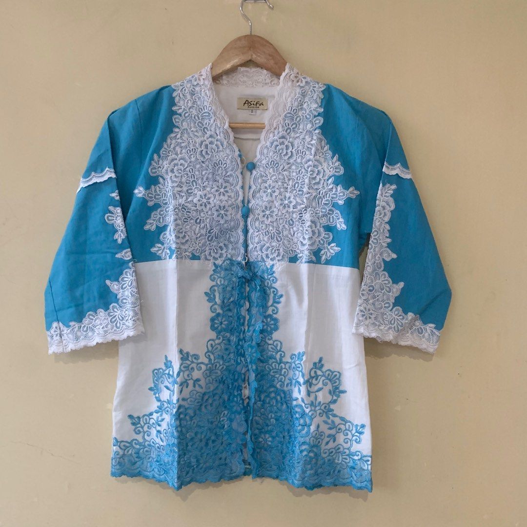 [no nego pls] Kebaya Katun Bordir Putih-Biru, Fesyen Wanita, Pakaian ...